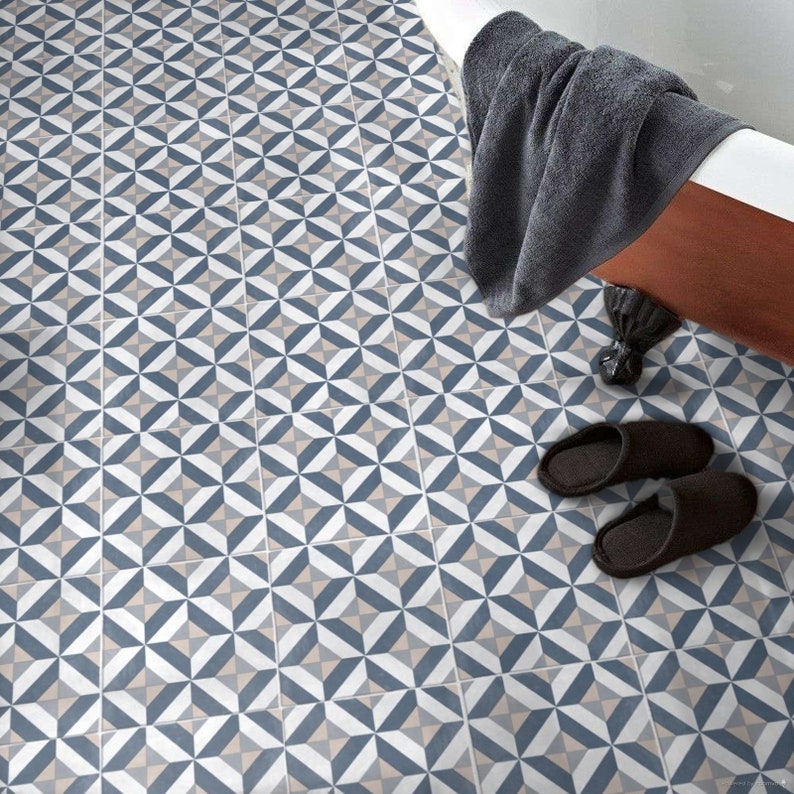 Blue Vinyl Flooring Sheet in Geometric Tile Design for Kitchens and ...