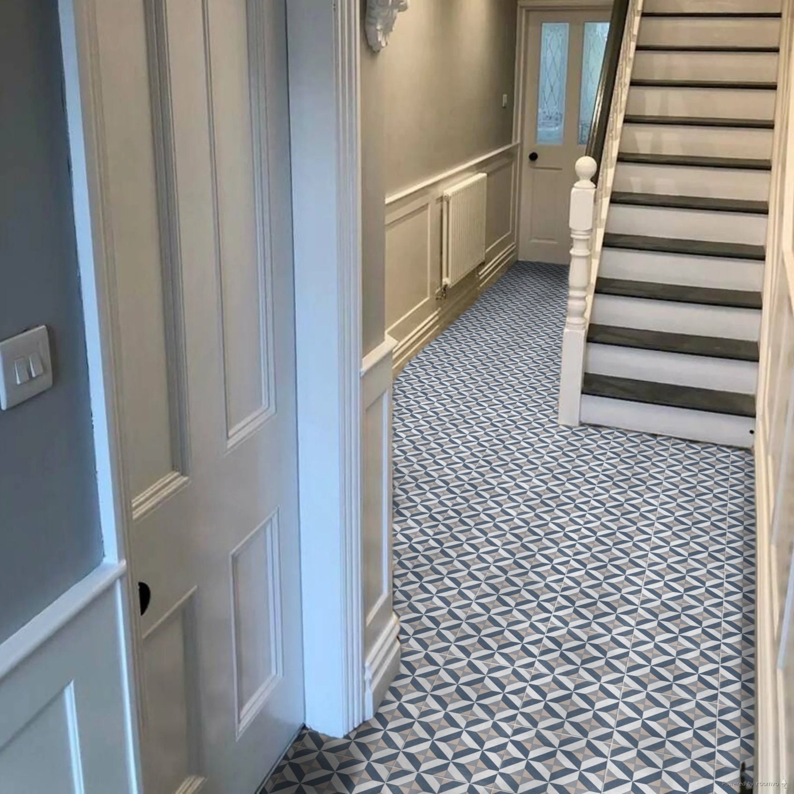 Blue Vinyl Flooring Sheet in Geometric Tile Design for Kitchens and ...
