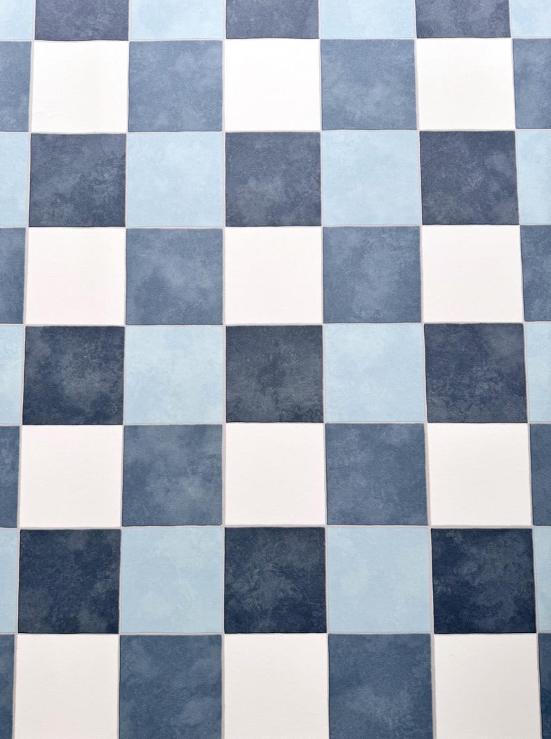 Blue and White Checkerboard Sheet Vinyl Flooring, Cushioned Tile Effect ...
