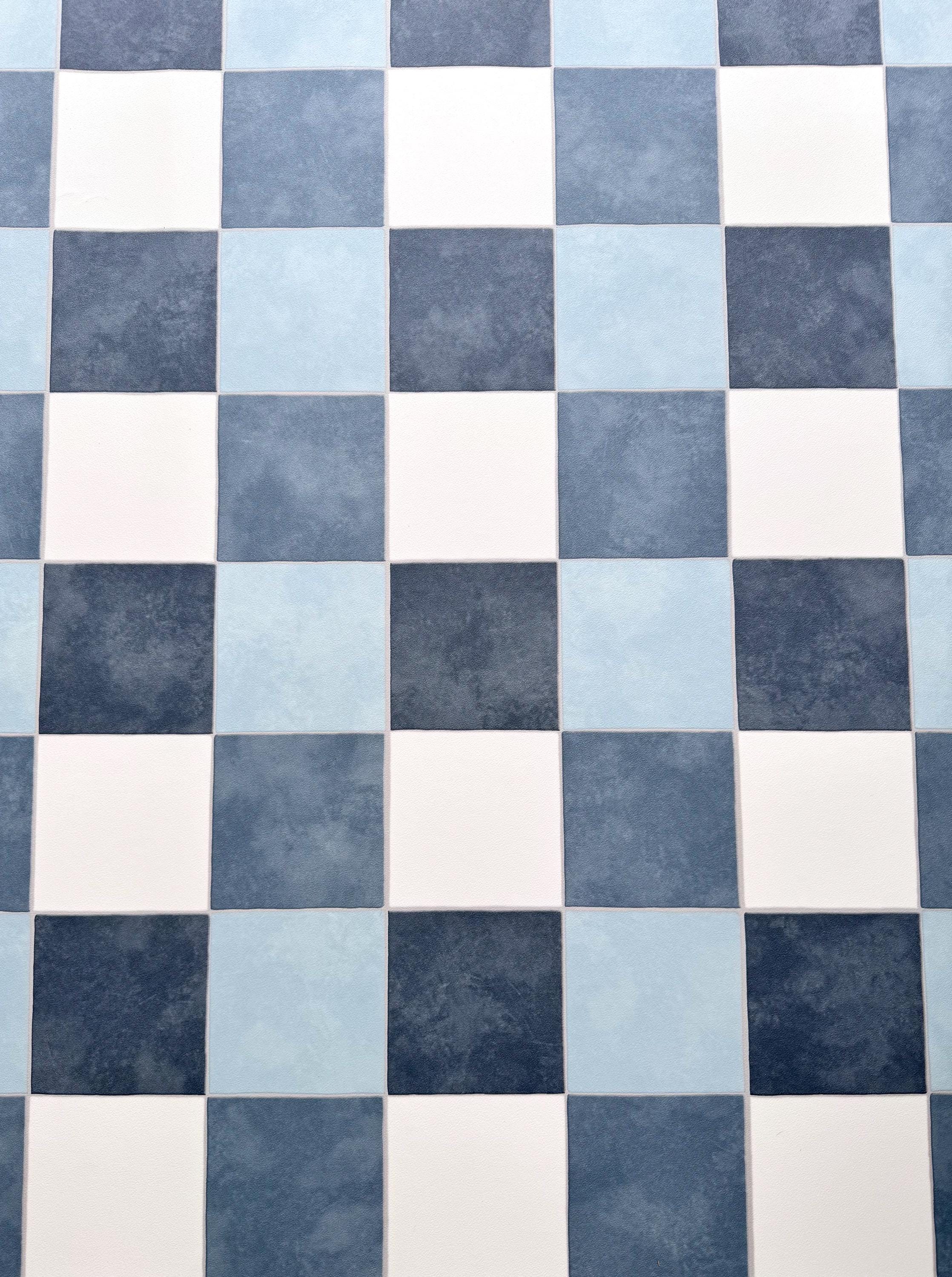 Blue and White Checkerboard Sheet Vinyl Flooring, Cushioned Tile Effect ...