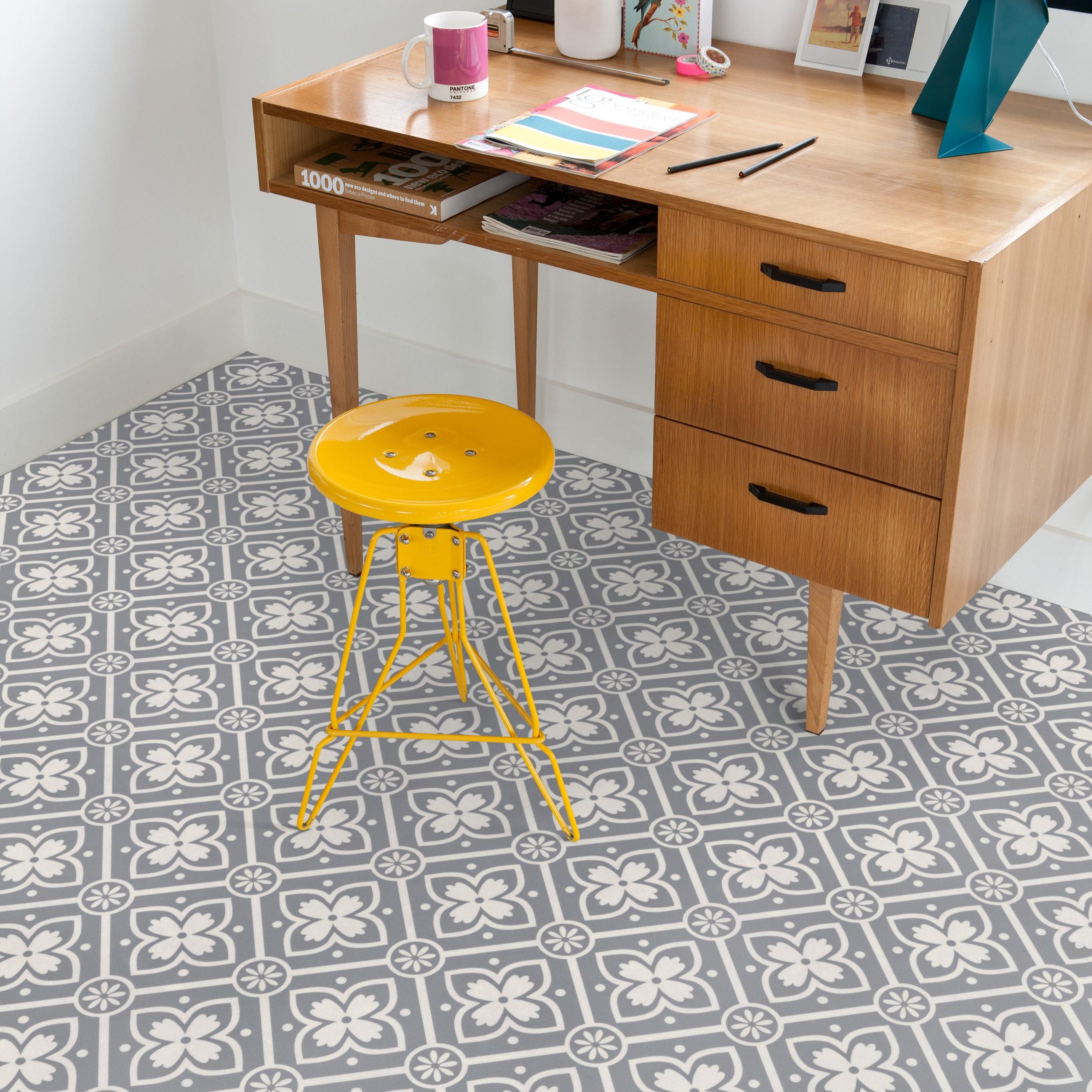 Vinyl Sheet Flooring in Grey Floral Tile Effect Pattern for Kitchen and ...