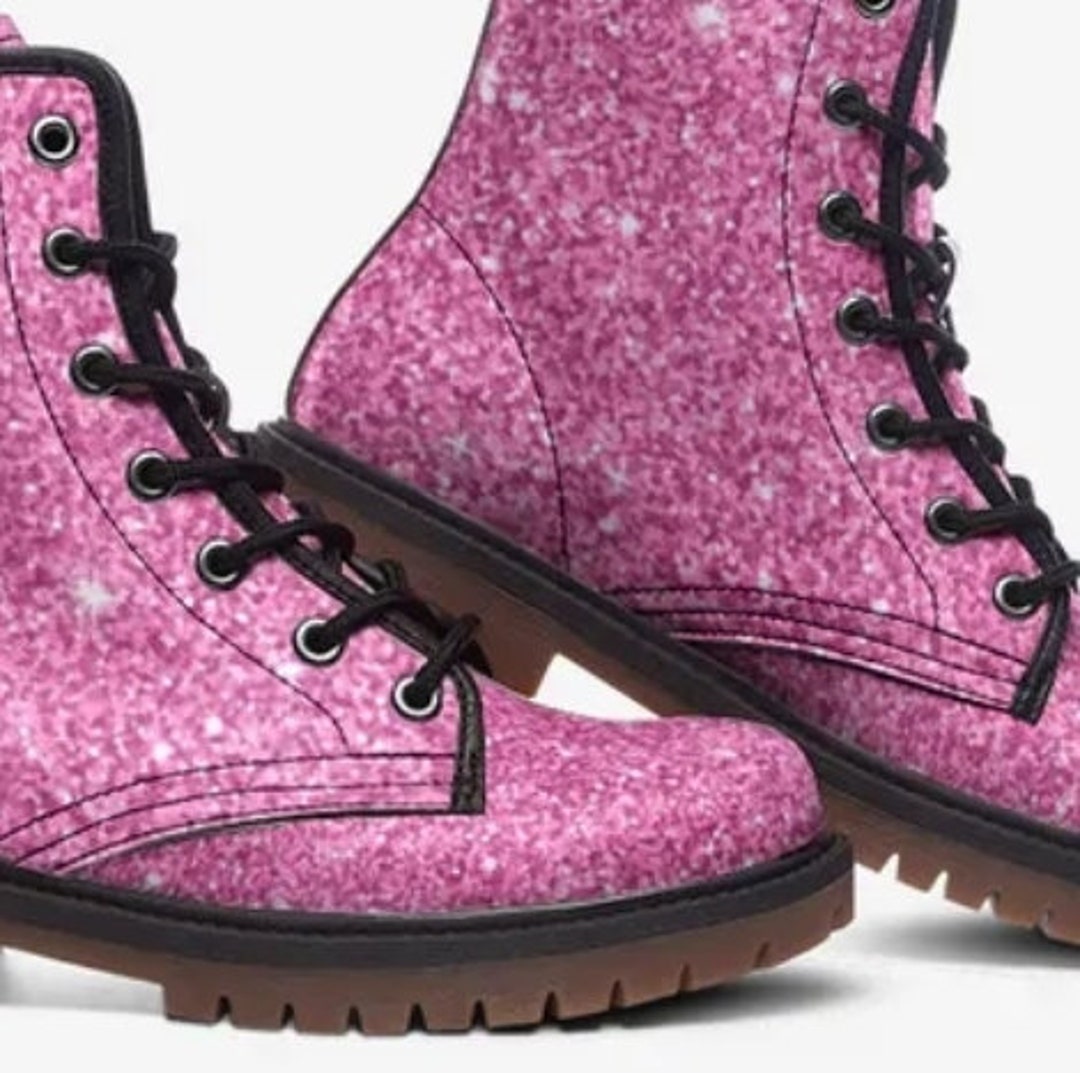 Pink Sparkle Print Combat Boots Sparkly Laceup Ankle Boots Whimsical ...