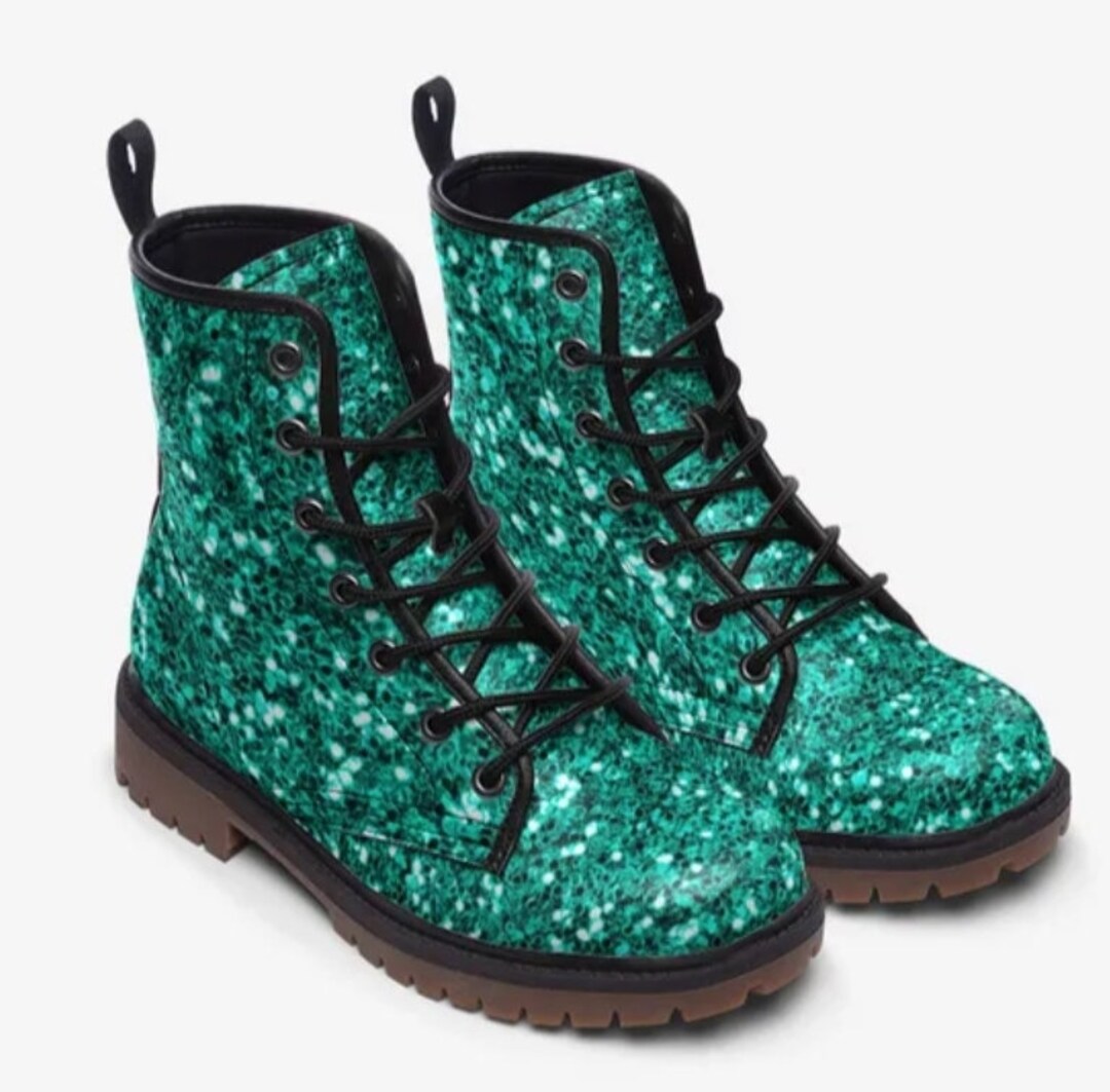 Teal Green Sparkle Print Combat Boots Laceup Ankle Boots - Etsy