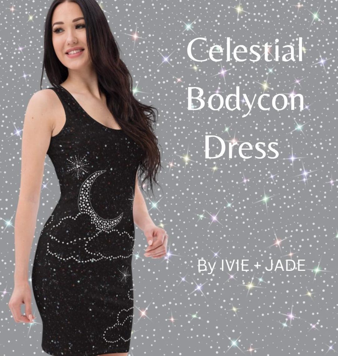 Celestial Bodycon Dress | Midnight Sky Rhinestone Print Dress | Unique ...