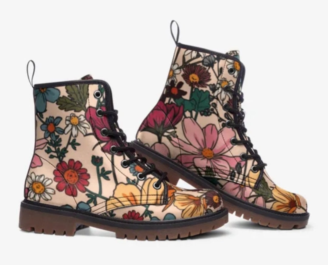 Wildflower Floral Combat Boots Boho Ankle Boots Laceup Cottagecore ...
