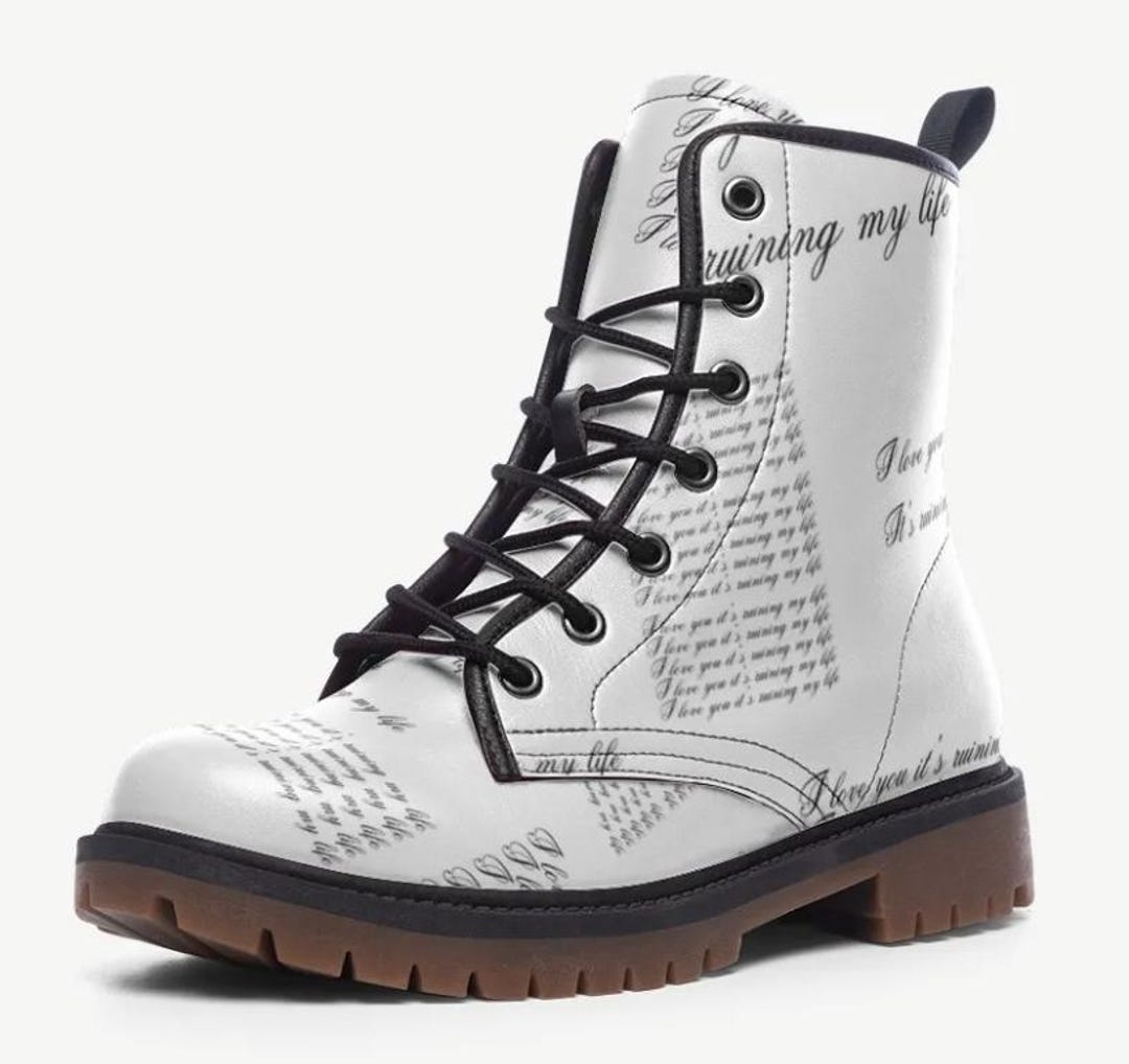 White Vegan Leather Boots With 'ruin My Life' Print, Women's Lace-up ...
