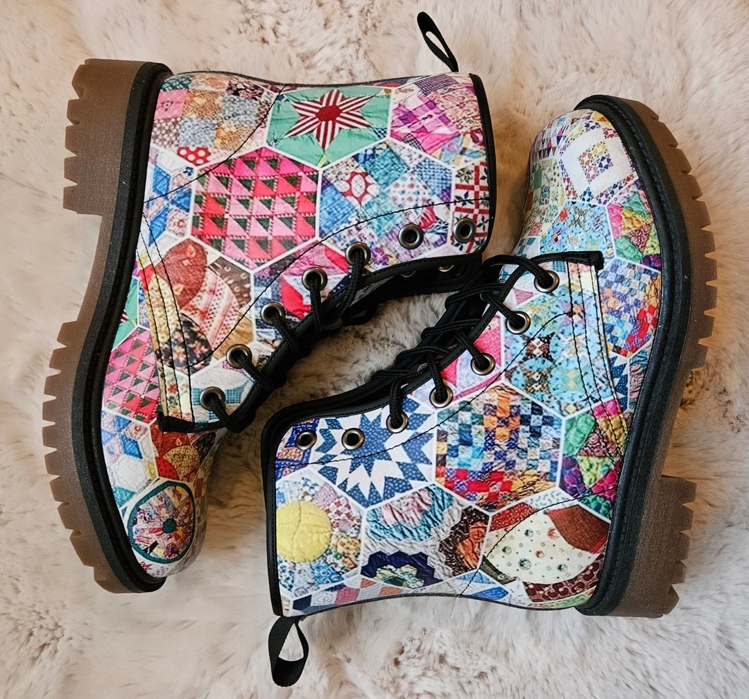 Colorful Floral Quilt Combat Boots | Boho Ankle Boots | Laceup ...