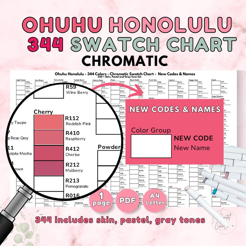 344 Ohuhu Marker Swatch Chart – New Codes and New Names (printable PDF ...
