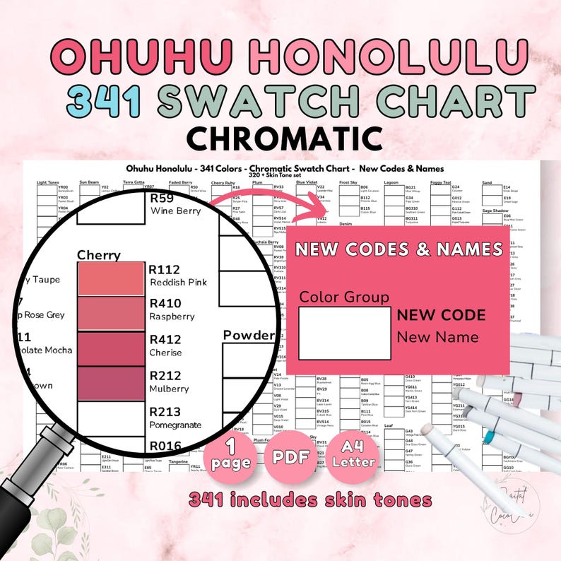 341 Ohuhu Marker Swatch Chart – New Codes and New Names (printable PDF ...