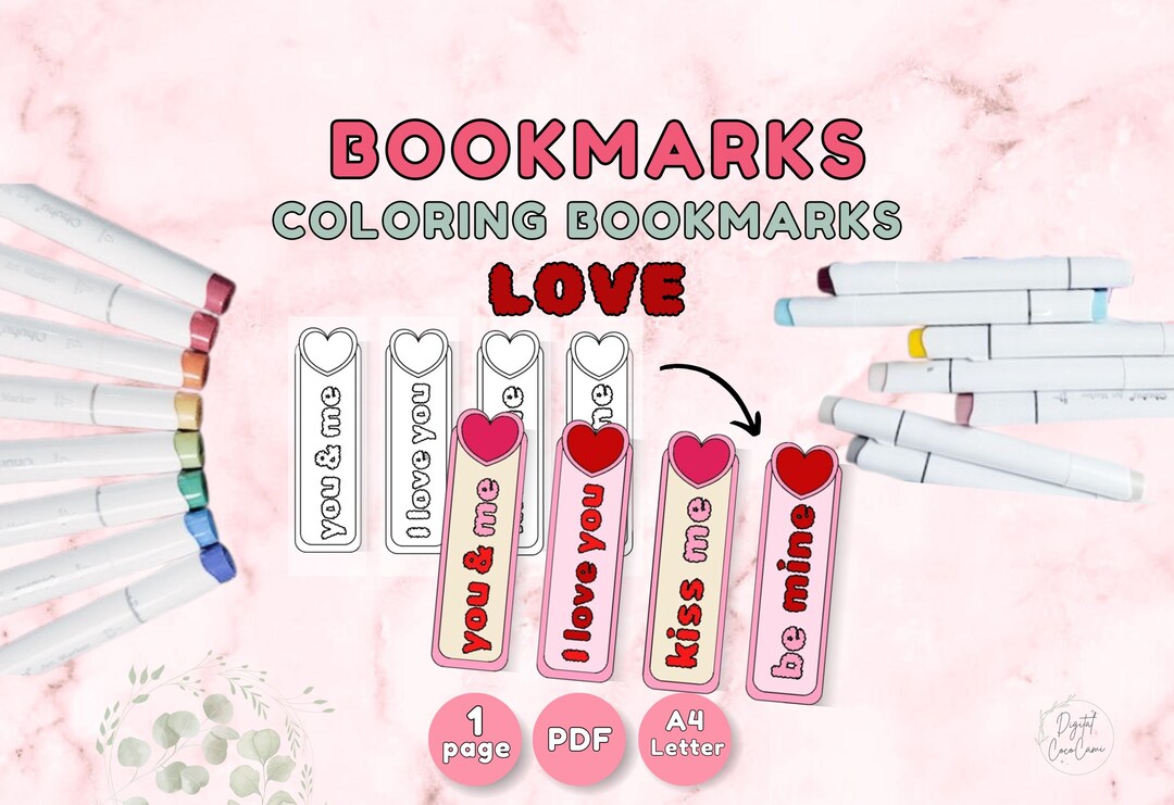 Valentine Coloring Bookmarks – Romantic DIY Gift Tags (PDF Download A4 ...