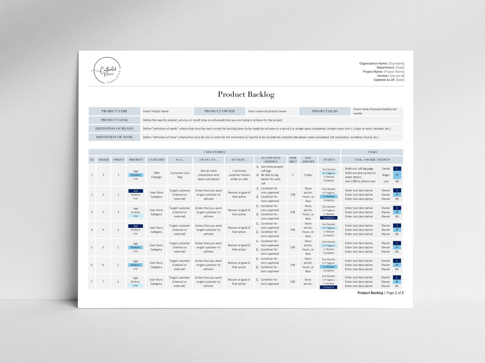 Product Backlog Template, Agile Project Template, User Story Template ...