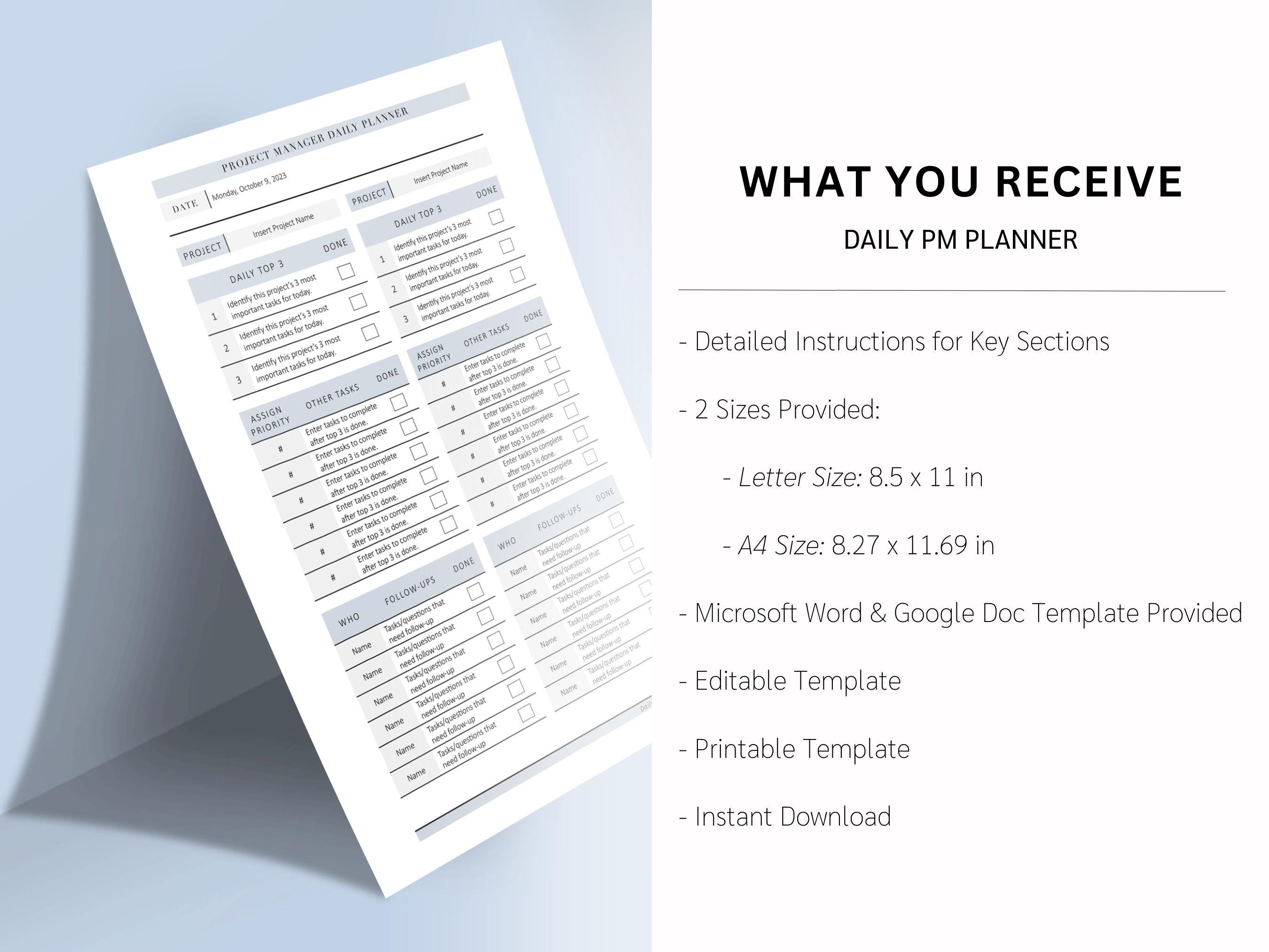 Daily Project Manager Planner, Daily Planner, Project Management ...