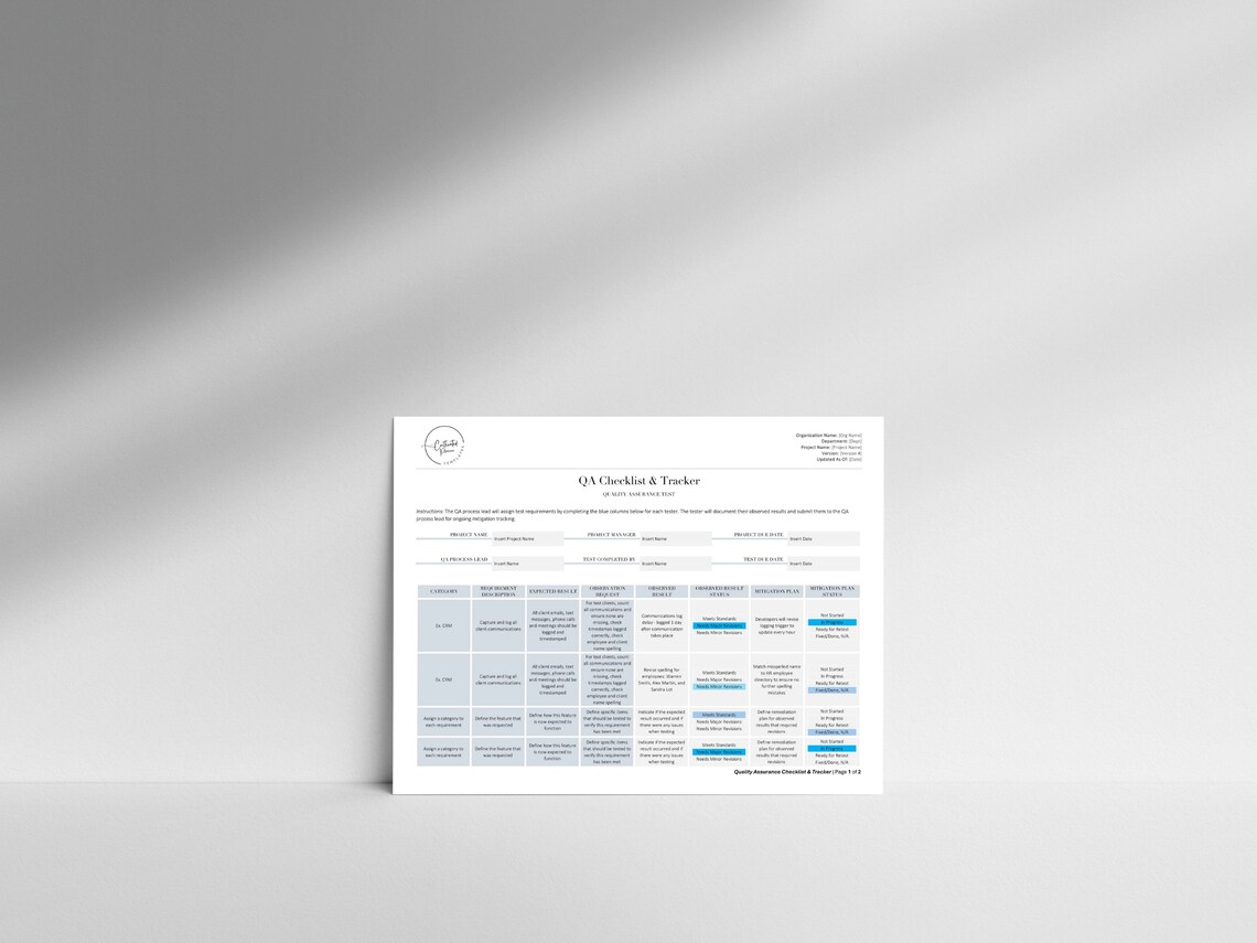 Quality Assurance Tracker, Quality Assurance Checklist, QA Tracker ...