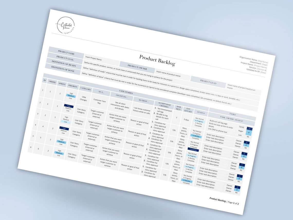 Product Backlog Template, Agile Project Template, User Story Template ...