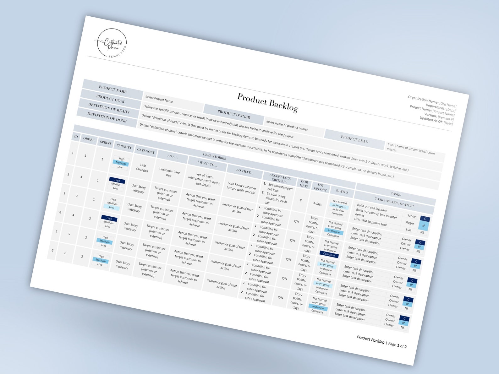 Product Backlog Template, Agile Project Template, User Story Template ...