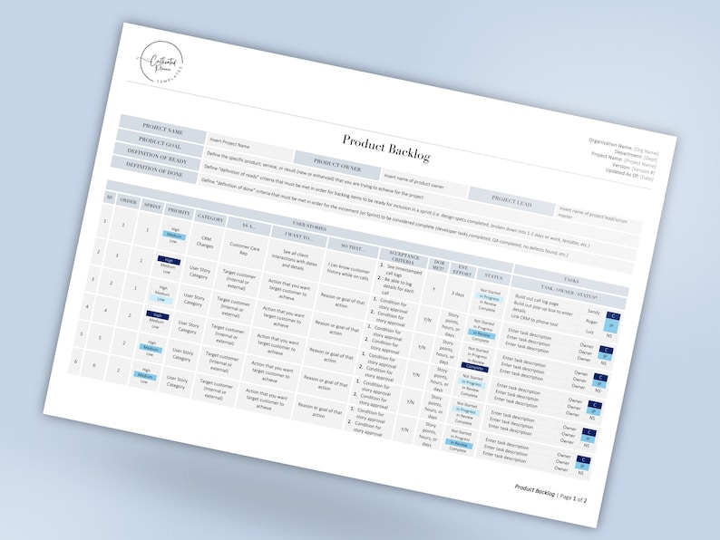 Product Backlog Template, Agile Project Template, User Story Template ...