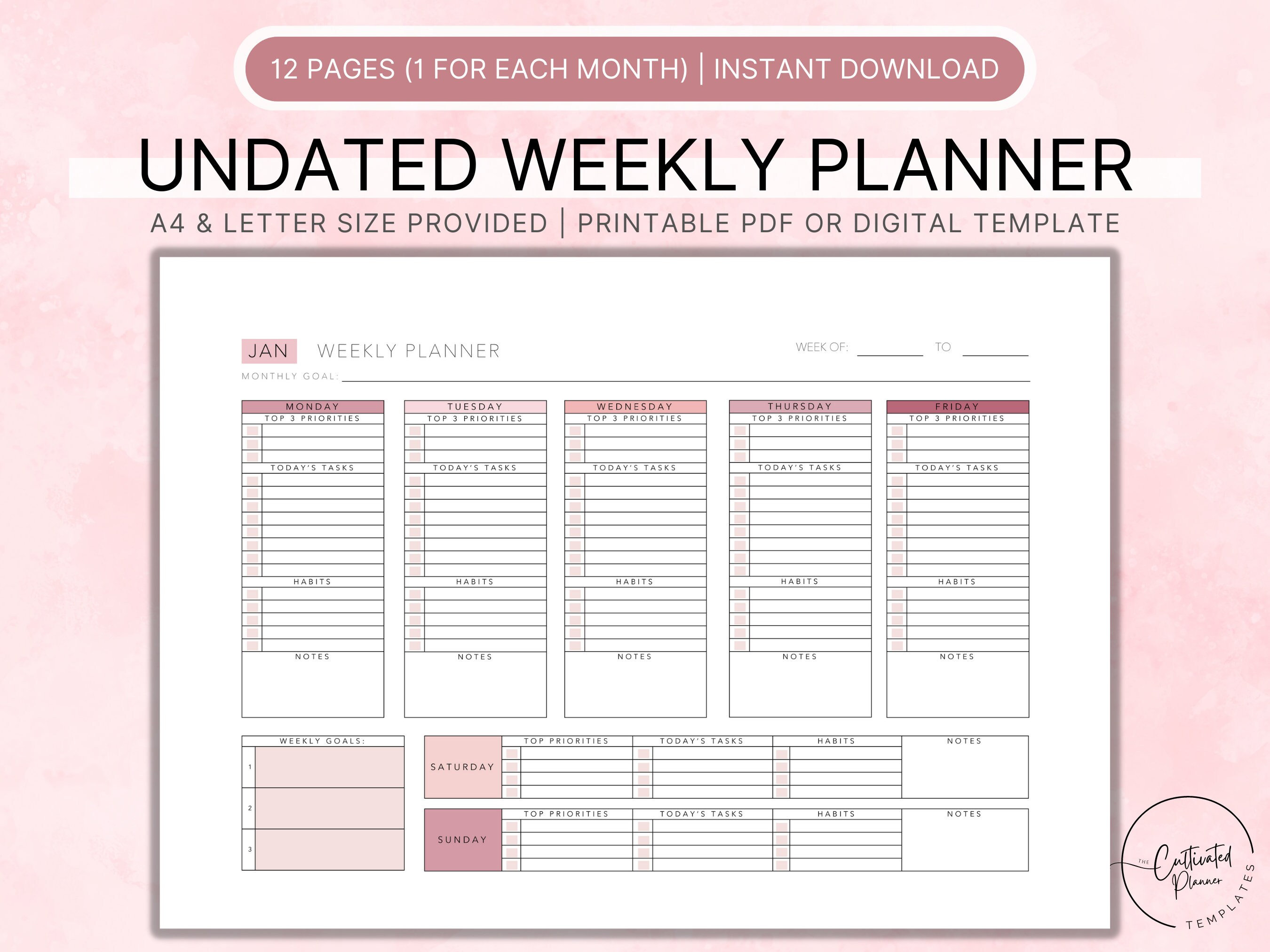 Pink Aesthetic Weekly Planner, Minimalist Weekly Schedule, Week at a ...