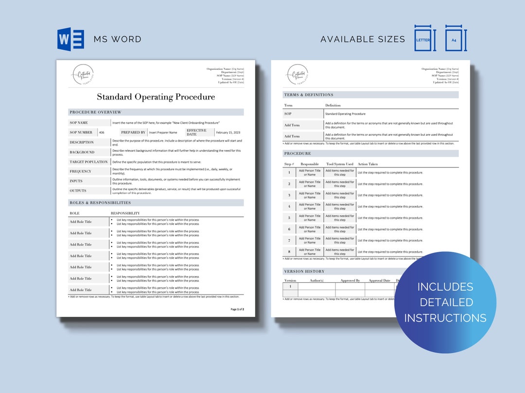 Standard Operating Procedure Template SOP Template MS Word - Etsy Australia