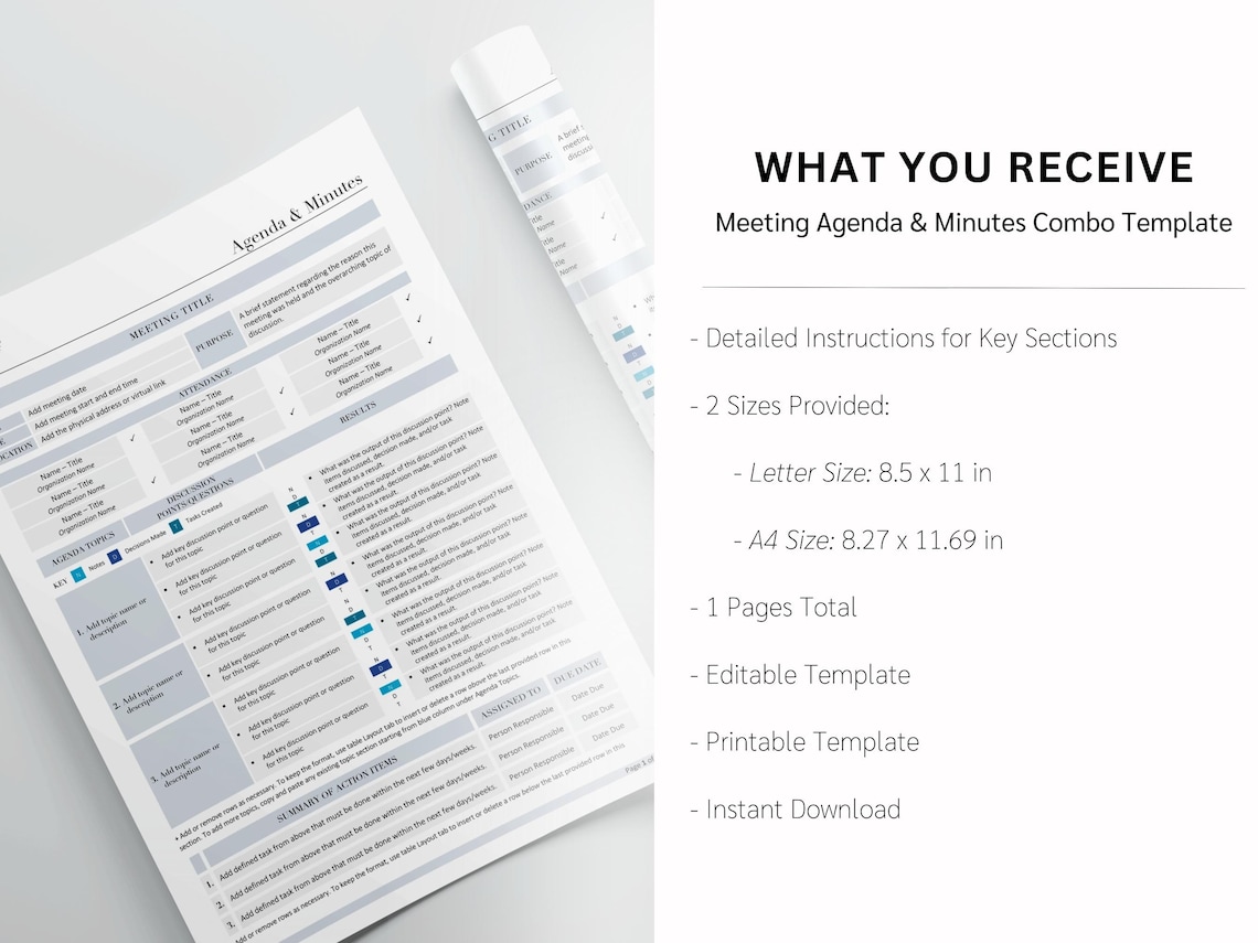 Meeting Minutes Template | Meeting Agenda Printable | Meeting Notes ...