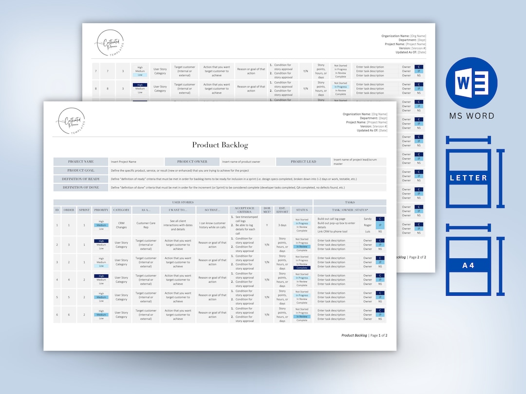 Product Backlog Template, Agile Project Template, User Story Template ...