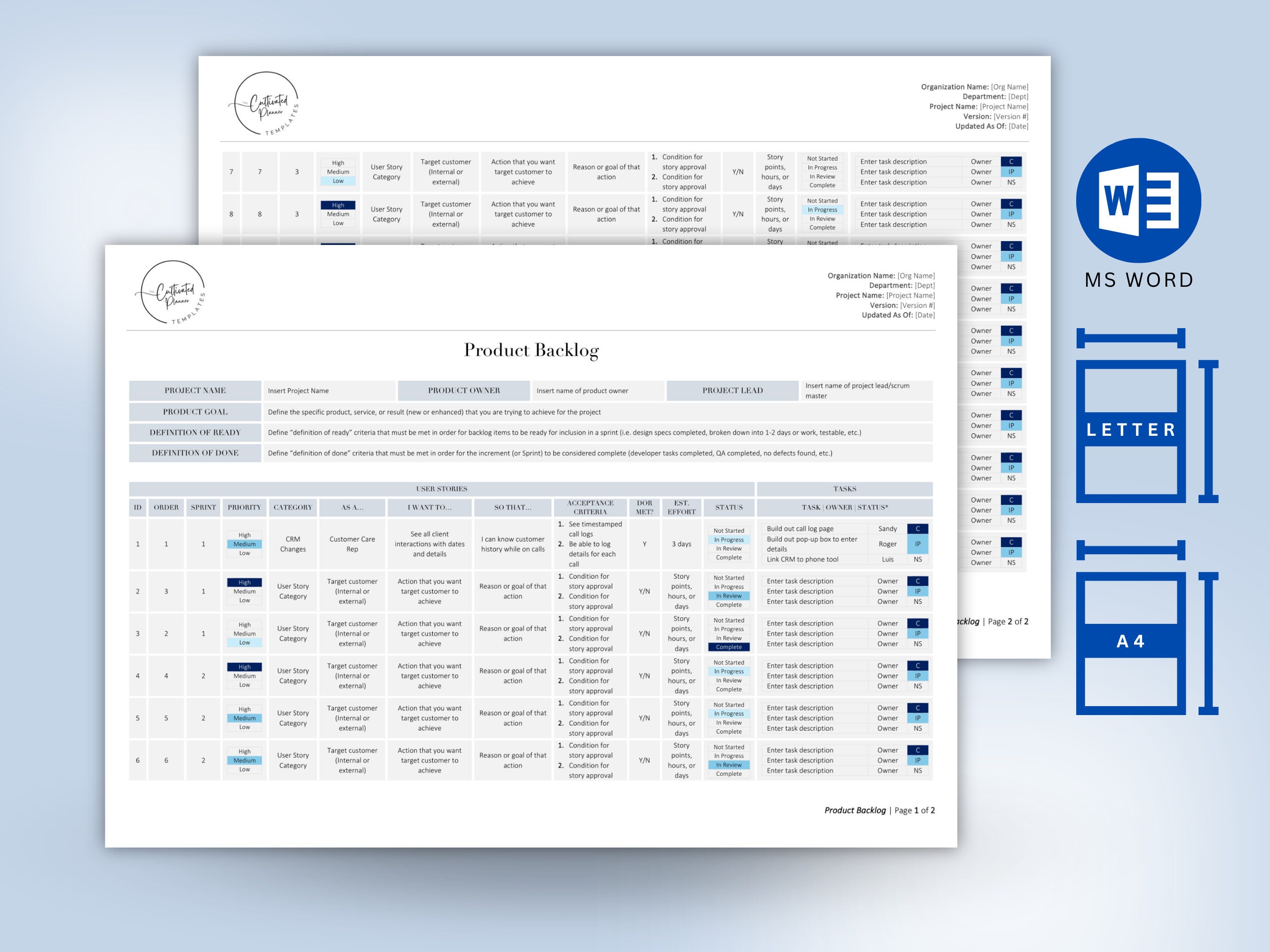 Product Backlog Template Agile Project Template User Story Template