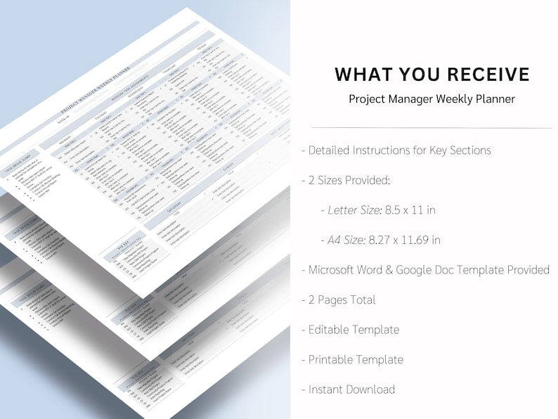 Weekly Project Manager Planner, Weekly Planner, Project Management ...