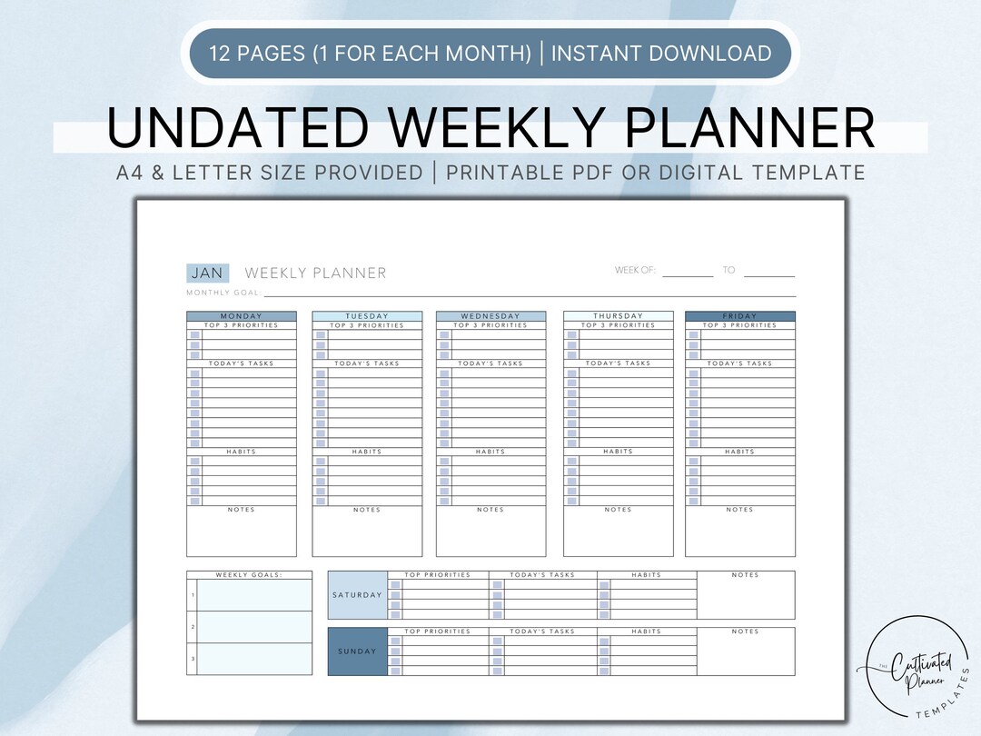 Blue Weekly Planner, Minimalist Weekly Schedule, Week at a Glance ...