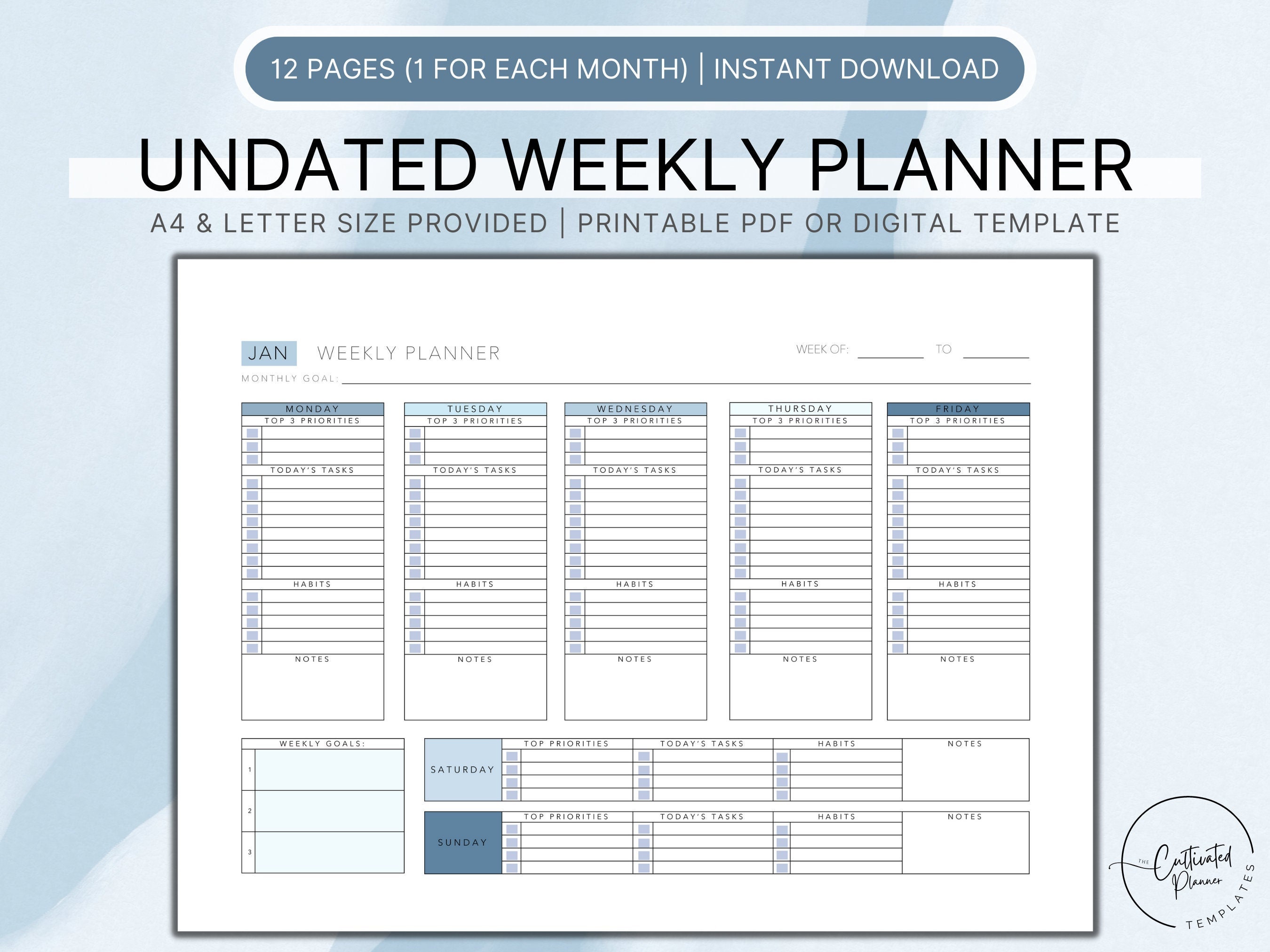 Blue Weekly Planner, Minimalist Weekly Schedule, Week at a Glance ...