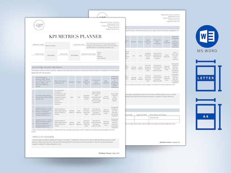 KPI Planner Template | Metrics Planner Template | Project Management | MS Word | KPI Examples ...