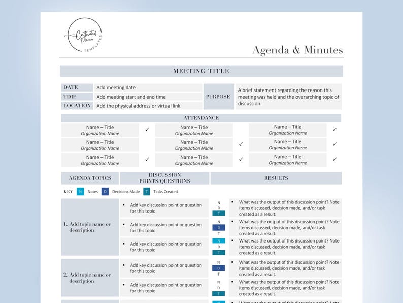 Meeting Minutes Template | Meeting Agenda Printable | Meeting Notes ...