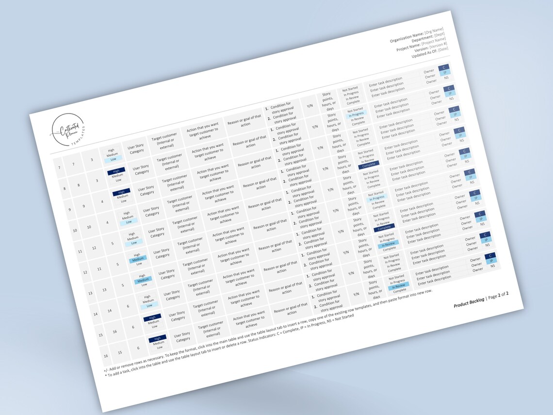 Product Backlog Template, Agile Project Template, User Story Template ...