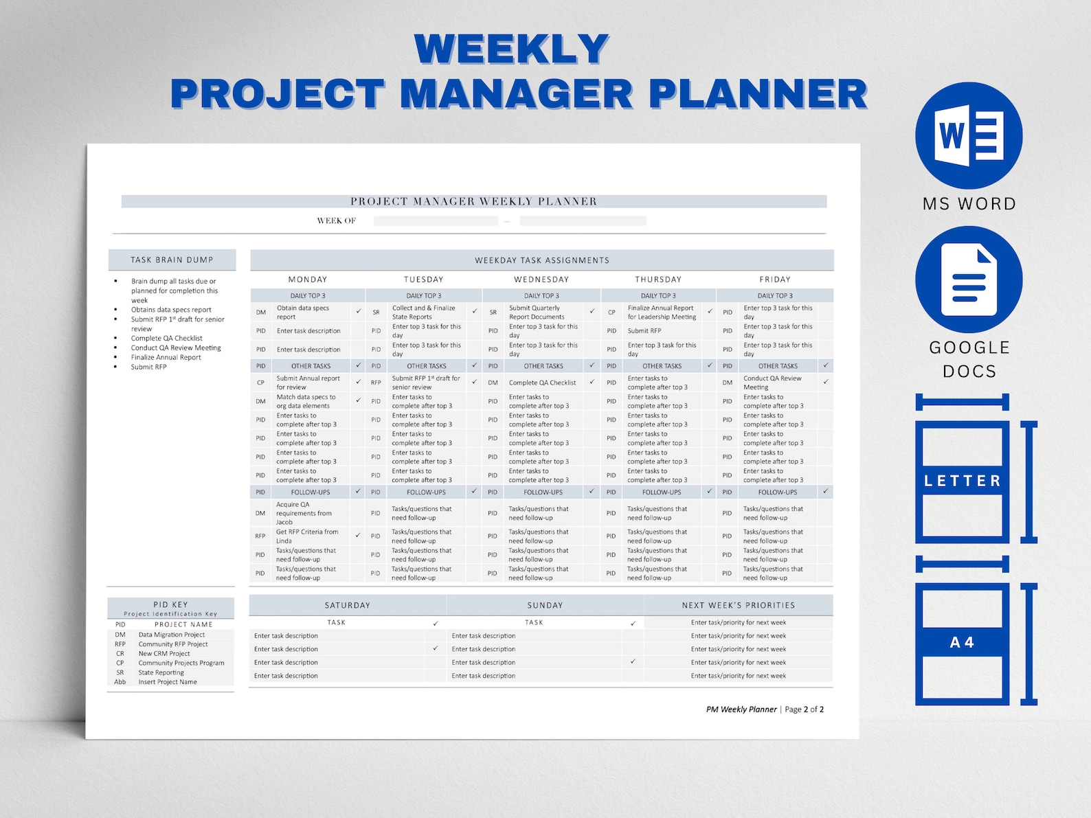 Weekly Project Manager Planner, Weekly Planner, Project Management ...