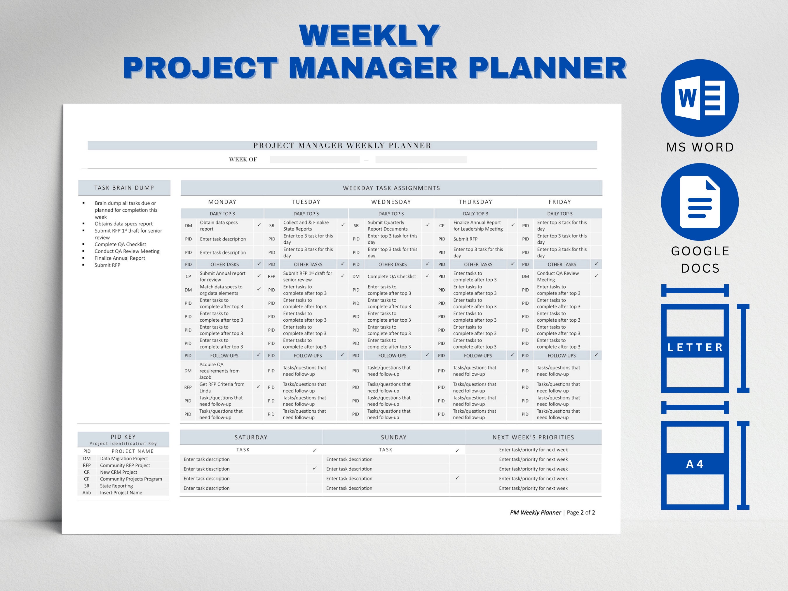 Weekly Project Manager Planner, Weekly Planner, Project Management ...