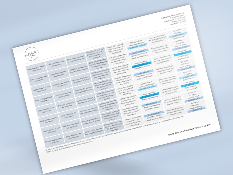 Quality Assurance Tracker, Quality Assurance Checklist, QA Tracker ...