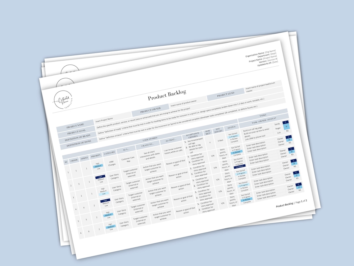 Product Backlog Template, Agile Project Template, User Story Template ...