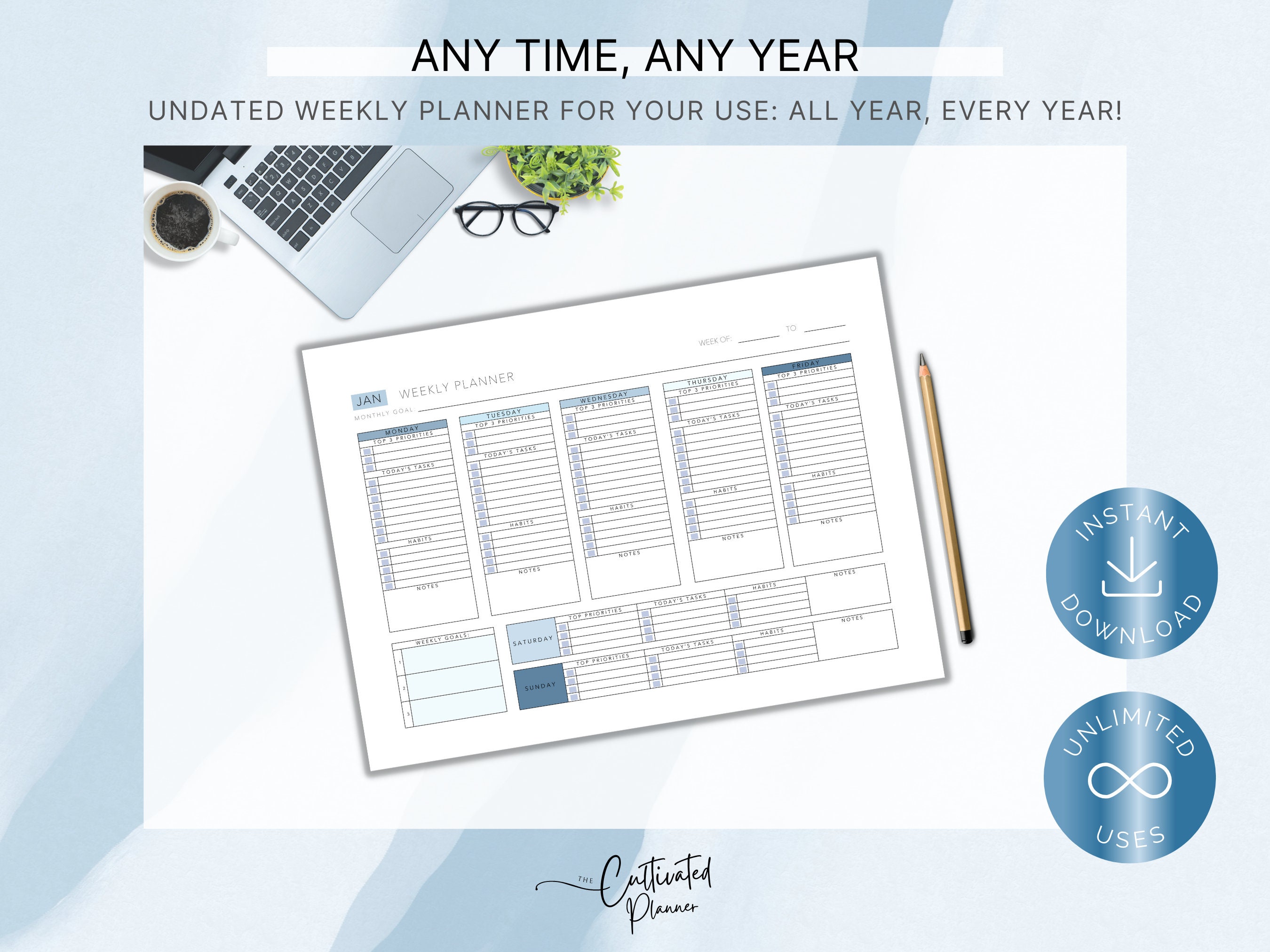 Blue Weekly Planner, Minimalist Weekly Schedule, Week at a Glance ...