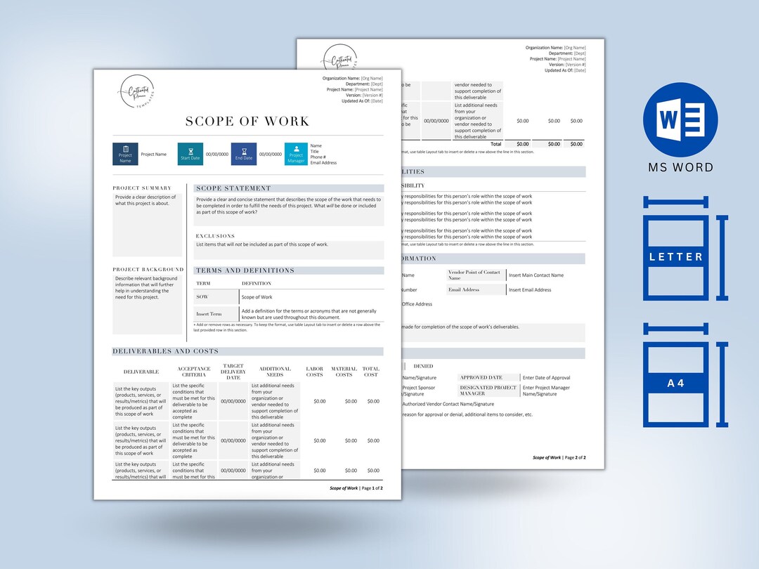 Scope of Work Template | SOW Template | Project Management | MS Word ...