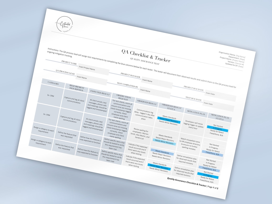 Quality Assurance Tracker, Quality Assurance Checklist, QA Tracker ...