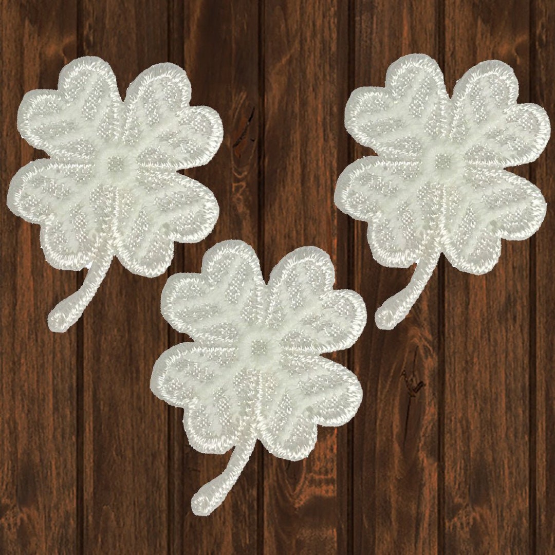 Mini Four Leaf Clover Iron on Patch 3-pack, White Shamrock Embroidered Applique Badge for ...
