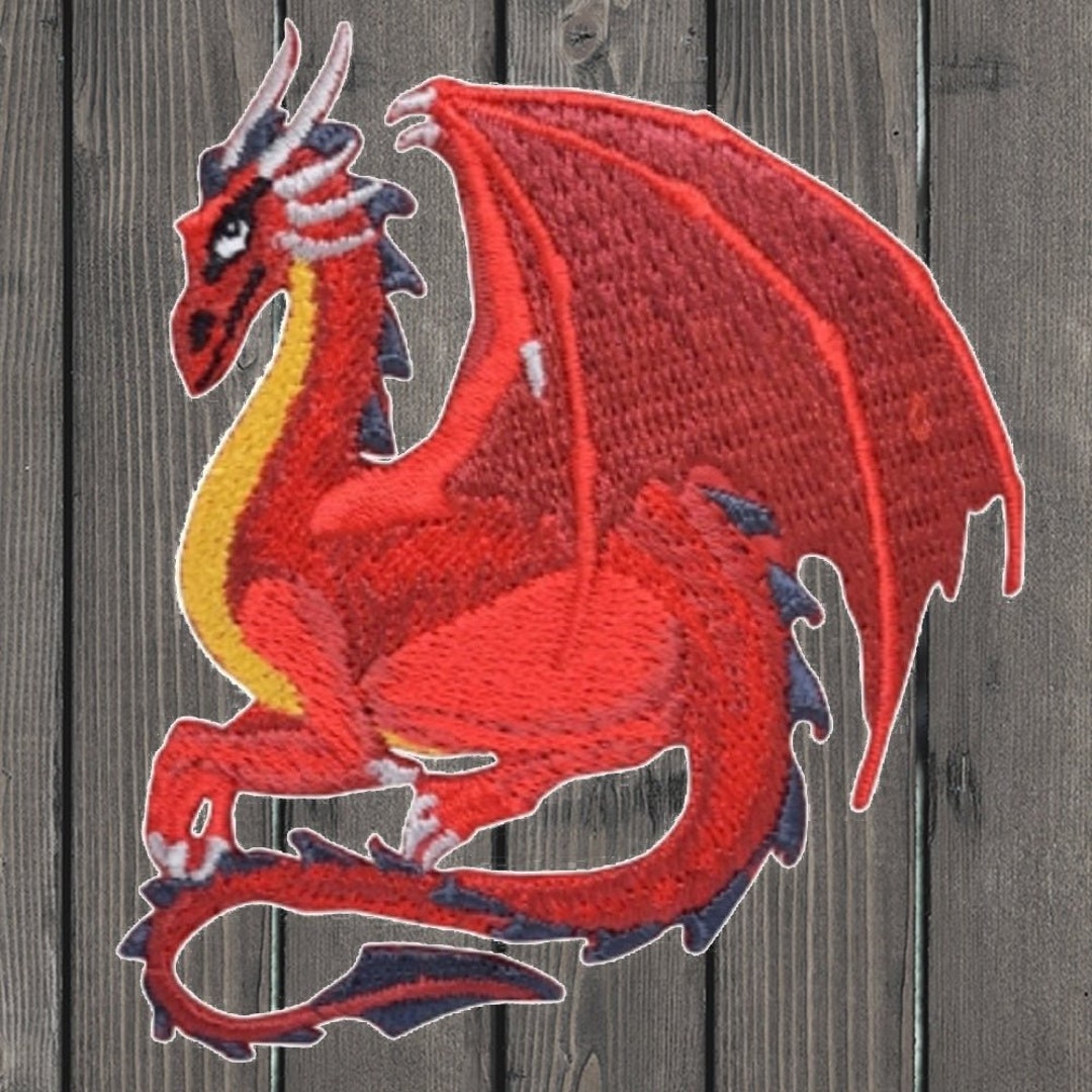 Fantasy Dragon Iron on Patch, Red Left-facing Embroidered Applique ...