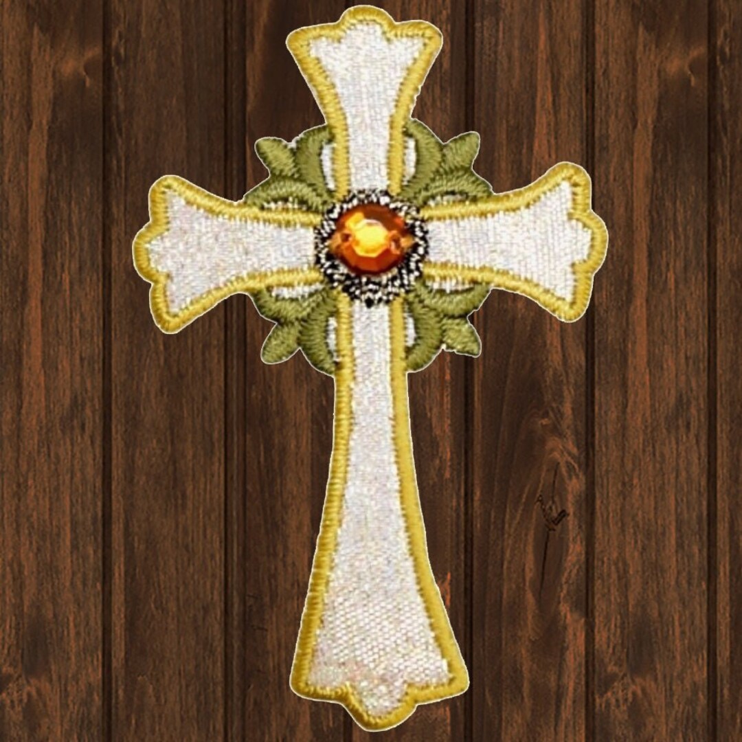 Christian Cross With Jewel Iron on Patch, Silver Gold Catholic ...