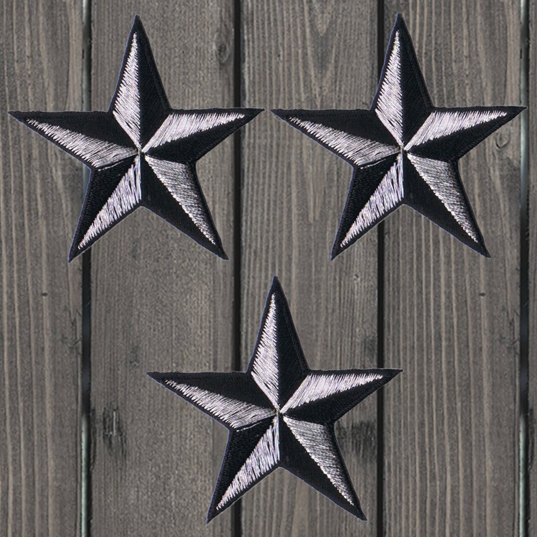 Nautical Star Embroidered Patch, Silver & Black 2" — 3-pack — Iron On ...