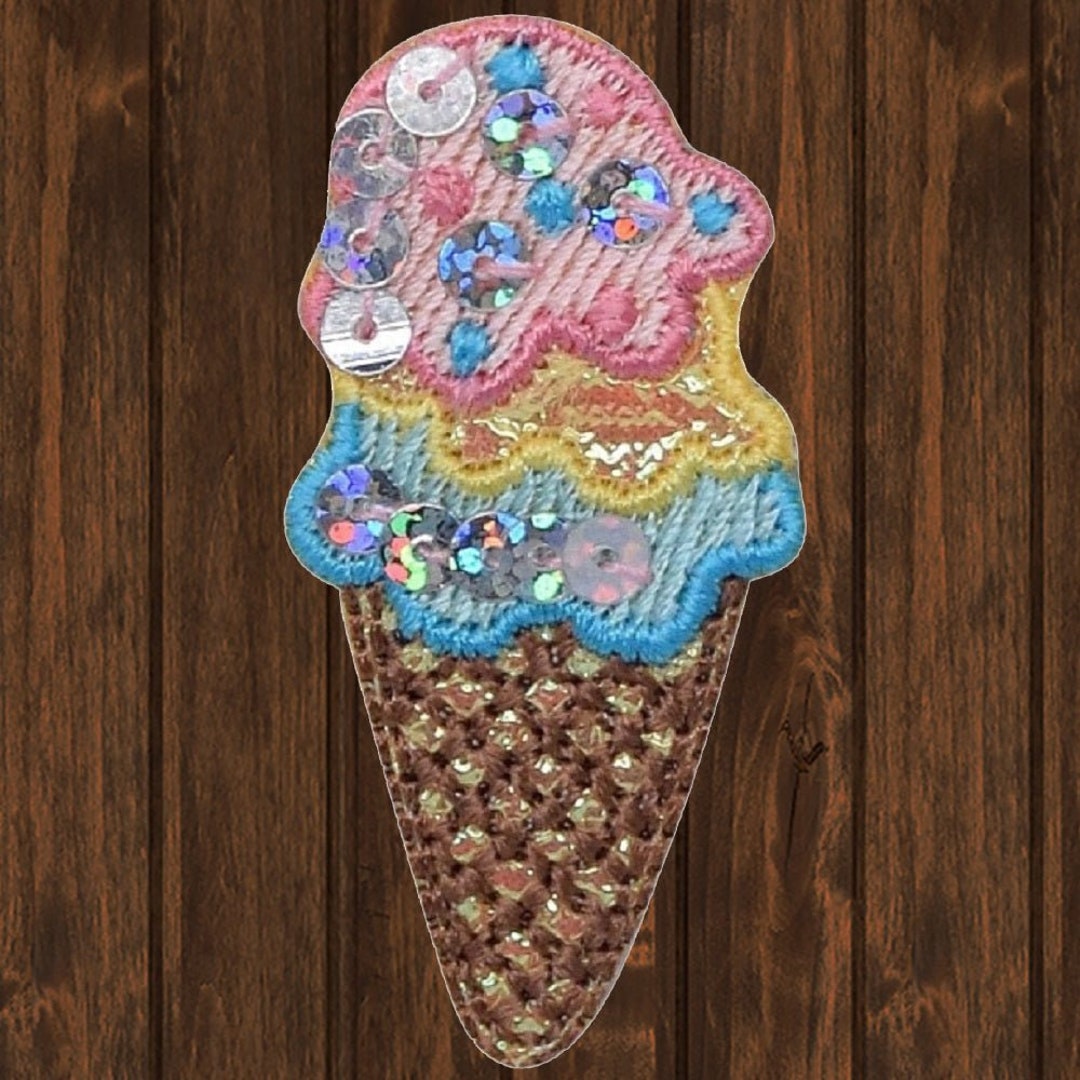 Ice Cream Embroidered Patch 2", Sequin Frozen Yogurt Iron on Applique ...
