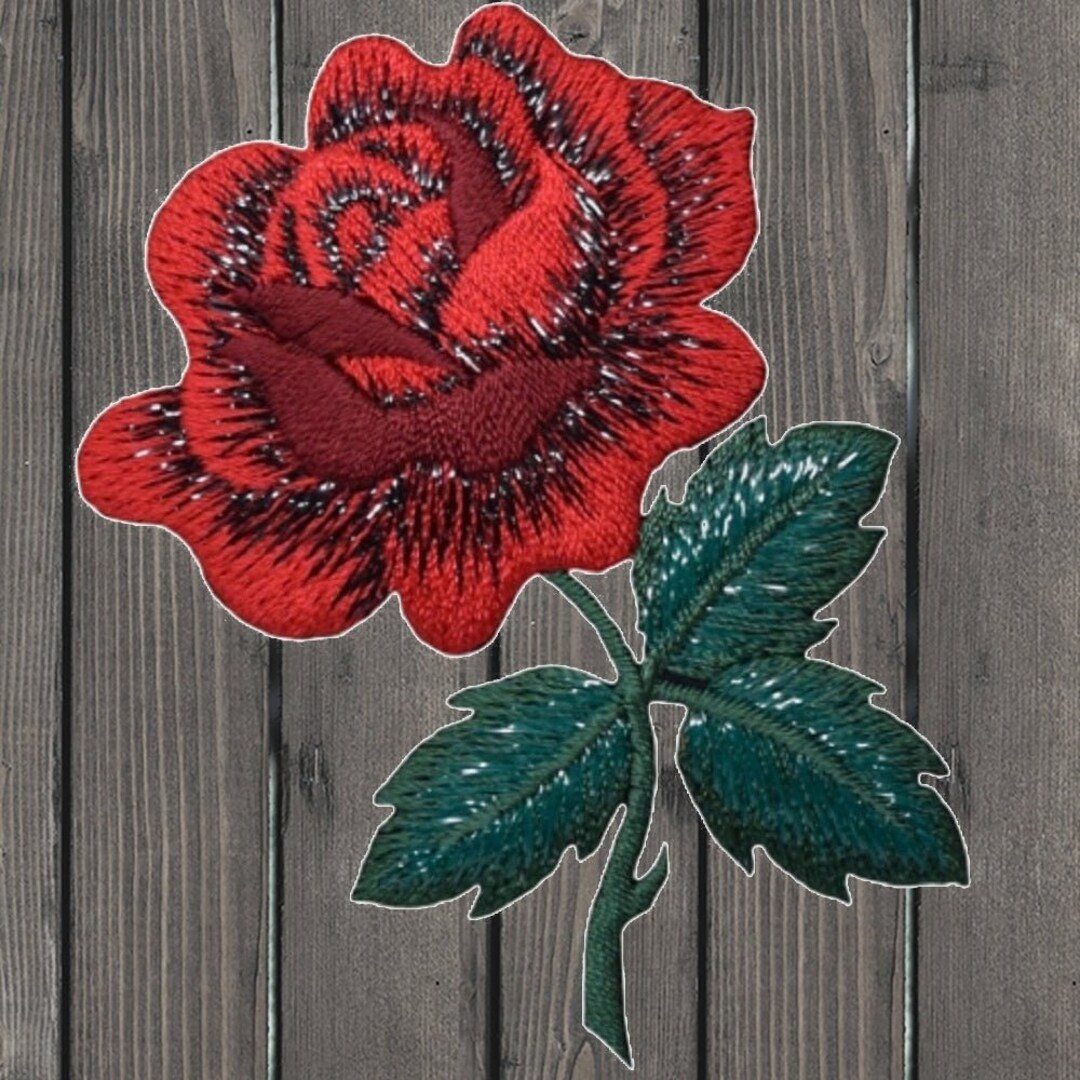 Red Rose Embroidered Patch 3.125" Iron on Flower Applique With Leaves ...