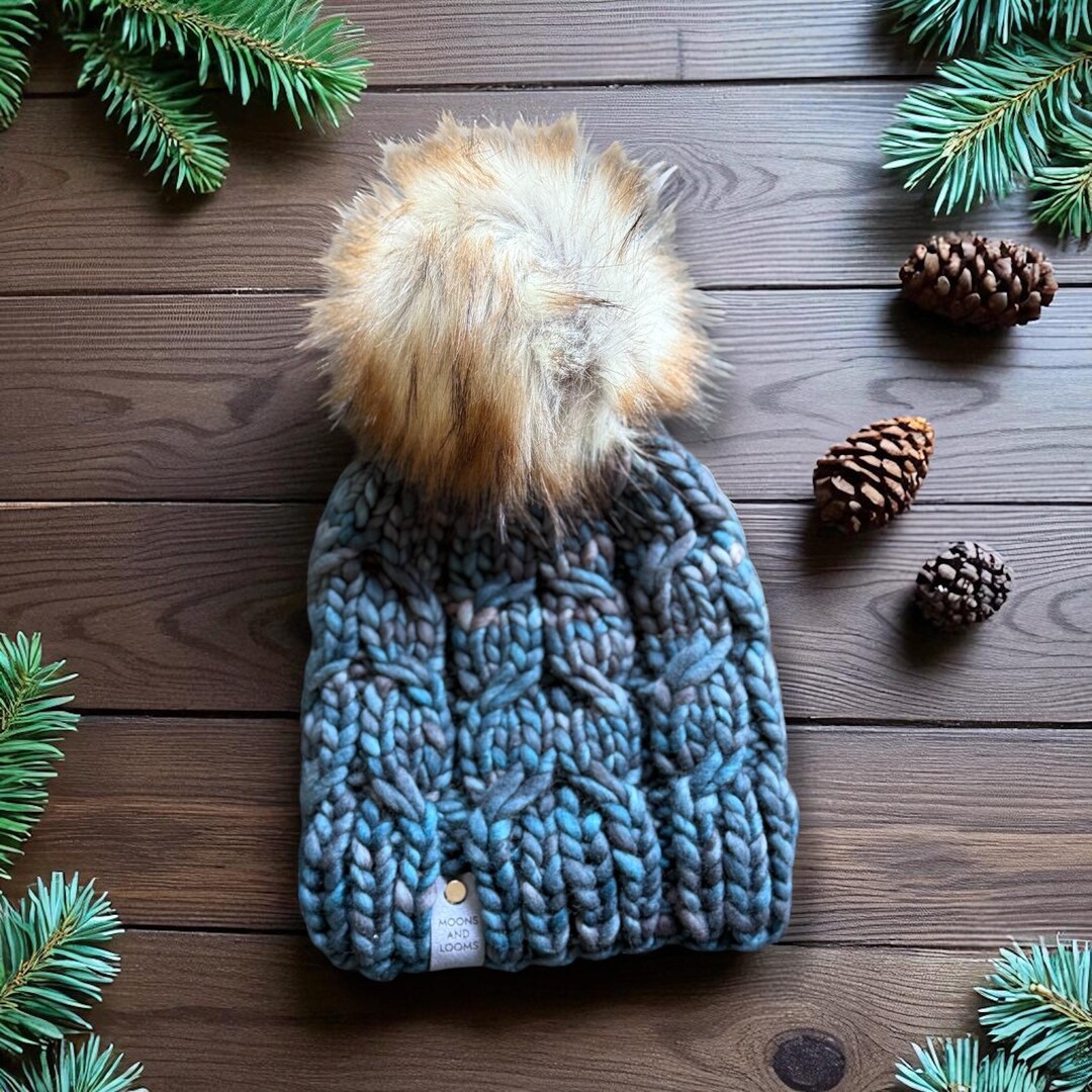 Hand-knit Merino Wool Beanie: Removable Faux Fur Pom - Sugar Twist - Etsy