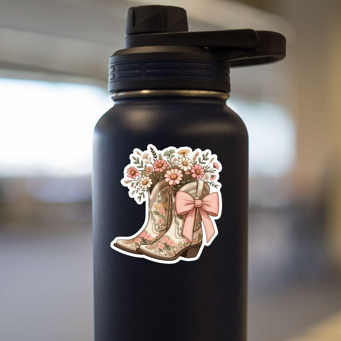 Pastel Cowboy Boots Vinyl Sticker With Wildflowers & Pink Coquette Bow ...
