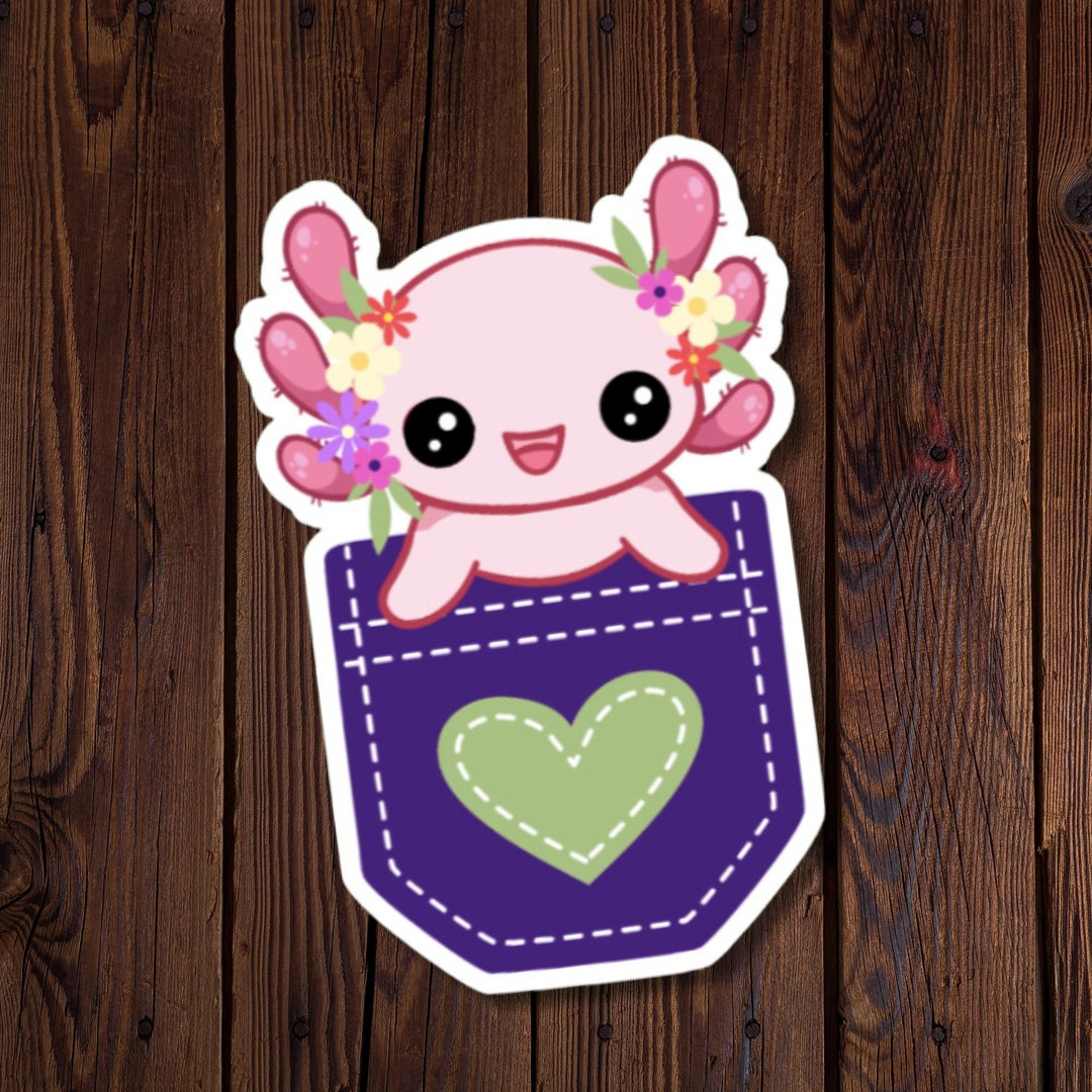 Axolotl Sticker, Cute Pink Axolotl in A Purple Pocket, Sticker for ...