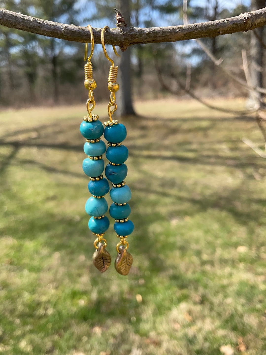 Handmade Boho Beachy Hippy Hippie Long Dangle Turquoise Gold Leaf ...