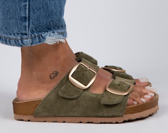 Suede Leather Sandals Women, Tan Sandals Women Leather, Handmade Double ...