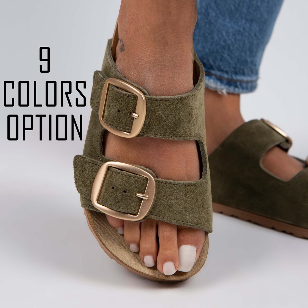 Suede Leather Sandals Women, Double Buckle Slides Sandals, Cork Sandals ...